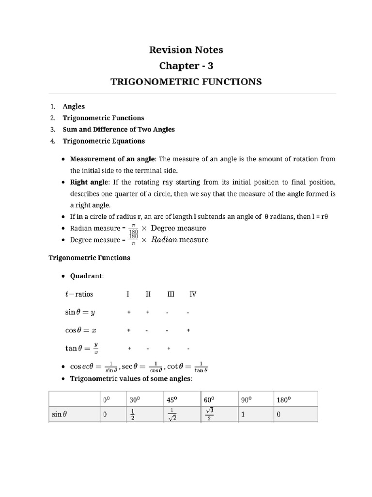 Chapter-3 Trigonometry Revision Notes | PDF