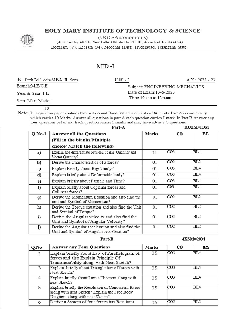 I B.Tech, EM-I QP.. | PDF | Force | Torque