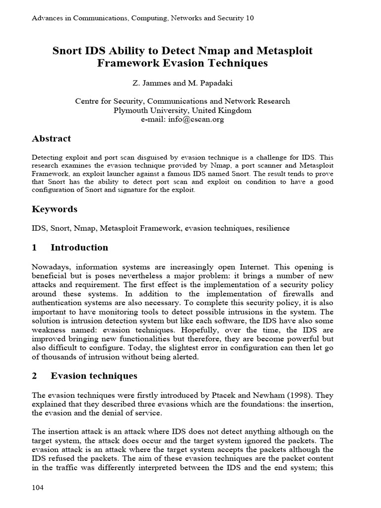 Snort IDS: Detecting Nmap & Metasploit Evasions | PDF | Transmission ...