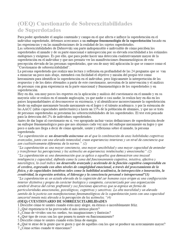 (OEQ) Cuestionario de Sobreexcitabilidades de Superdotados | PDF | Dotamiento intelectual | Sentidos