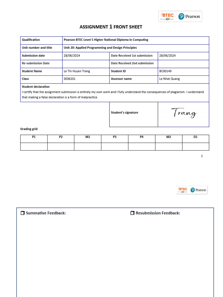 Unit 20 - Assignment 1 Frontsheet | PDF | Inheritance (Object Oriented Programming) | Class ...