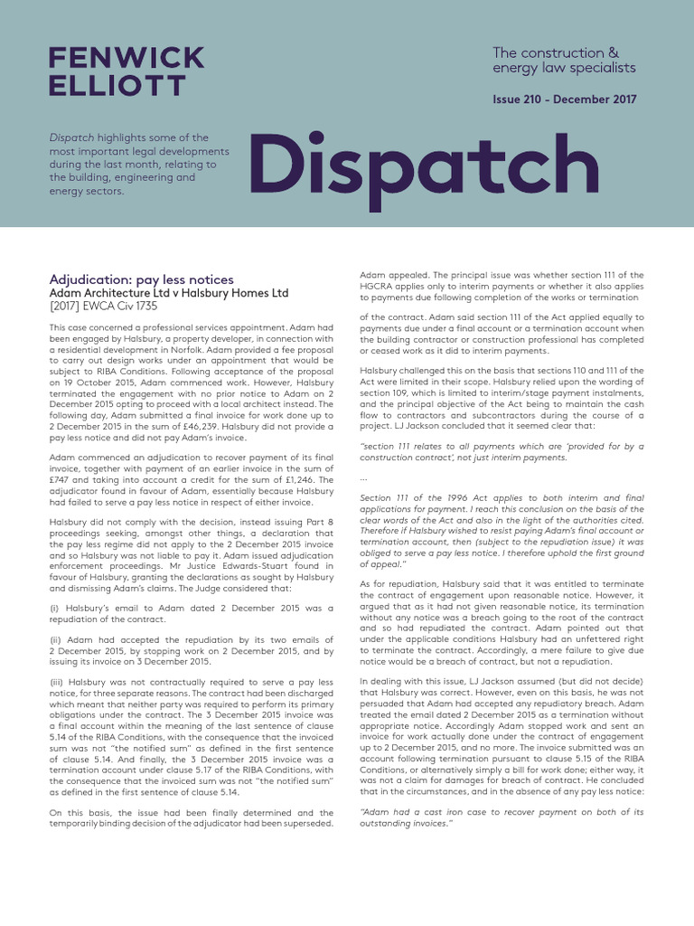 Adam Architecture LTD V Halsbury Homes LTD Dispatch - Issue - 210 | PDF | Costs In English Law ...