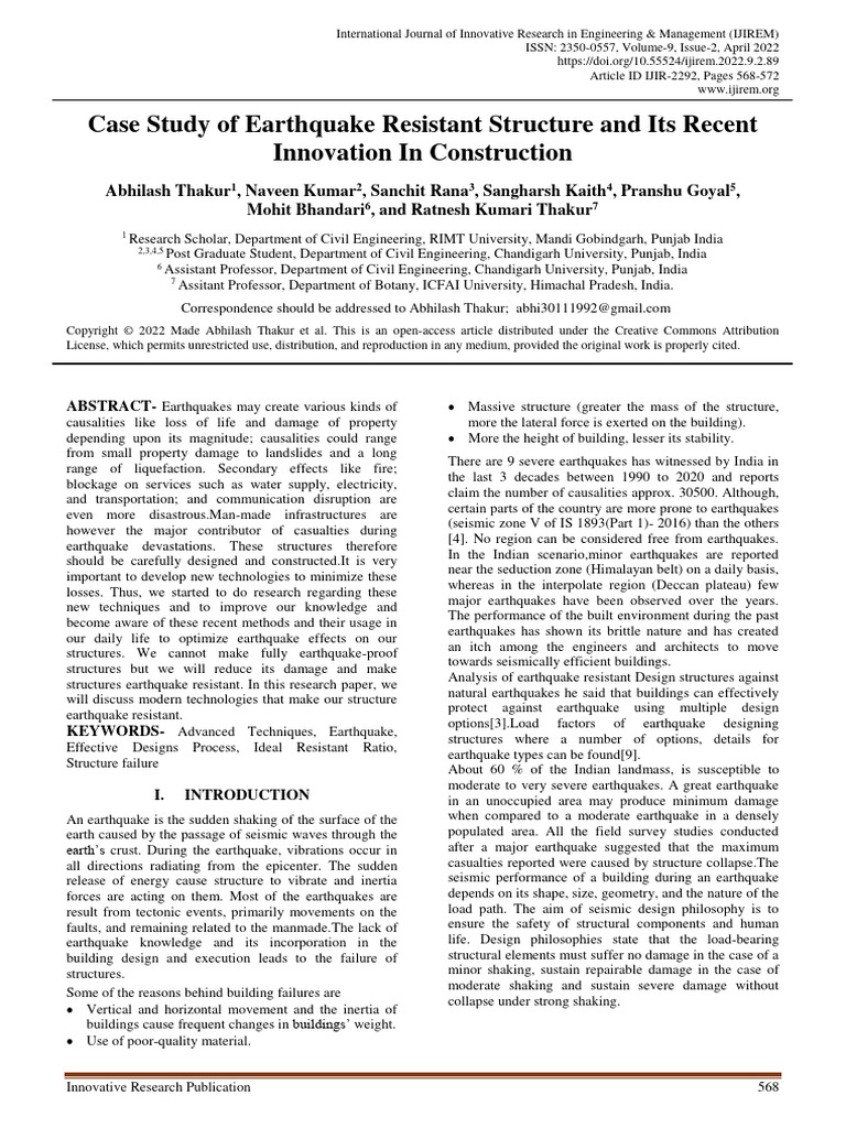 89 Case Study of Earthquake Resistant Structure and Its Recent Innovation in Construction | PDF ...