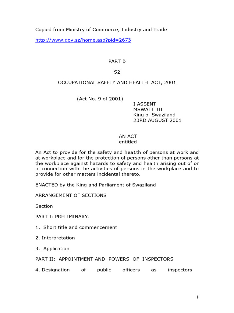 SZ Occupational Health Act 2001 | PDF | Occupational Safety And Health ...