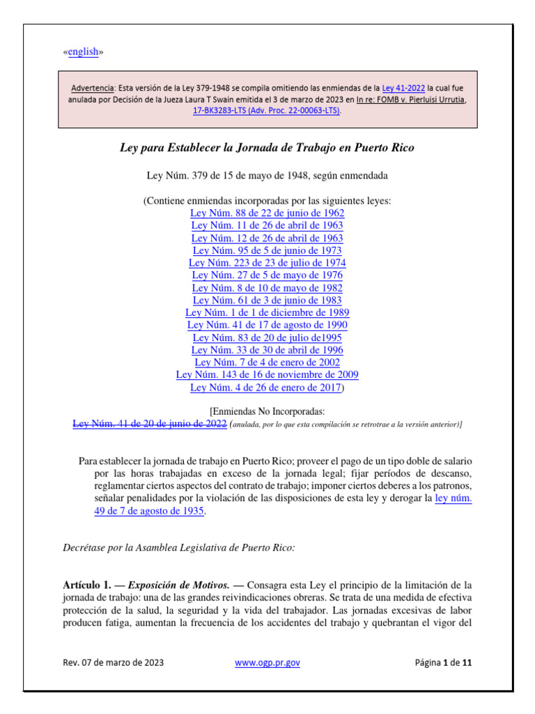 Ley para Establecer La Jornada de Trabajo en Puerto Rico: Ley 41-2022 ...