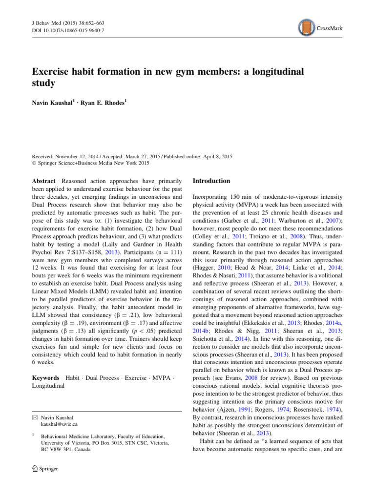 Exercise Habit Formation in New Gym Members | PDF | Habits | Akaike ...