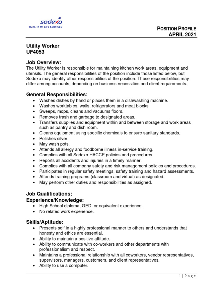 Utility Worker Job Description | PDF | Occupational Safety And Health ...