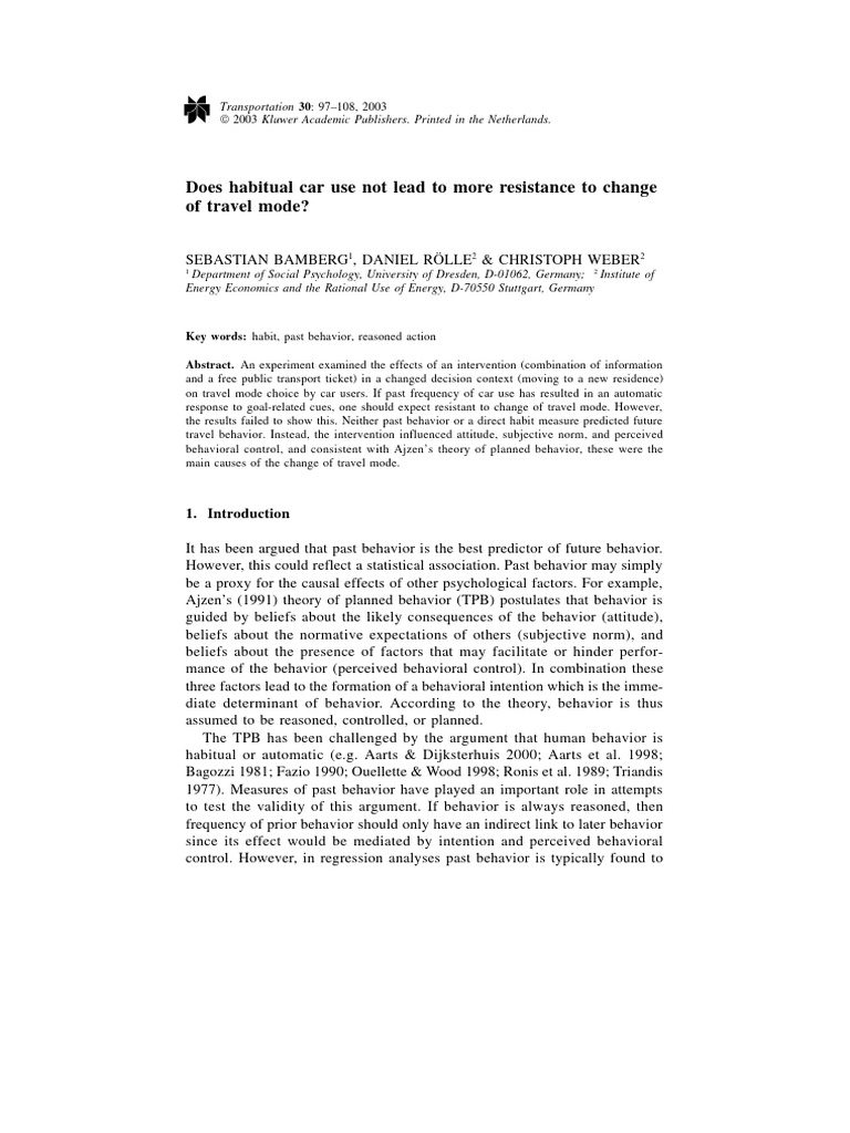 2003 Habitual Car Use and Resistance To Change of Travel Mode. Bamberg ...