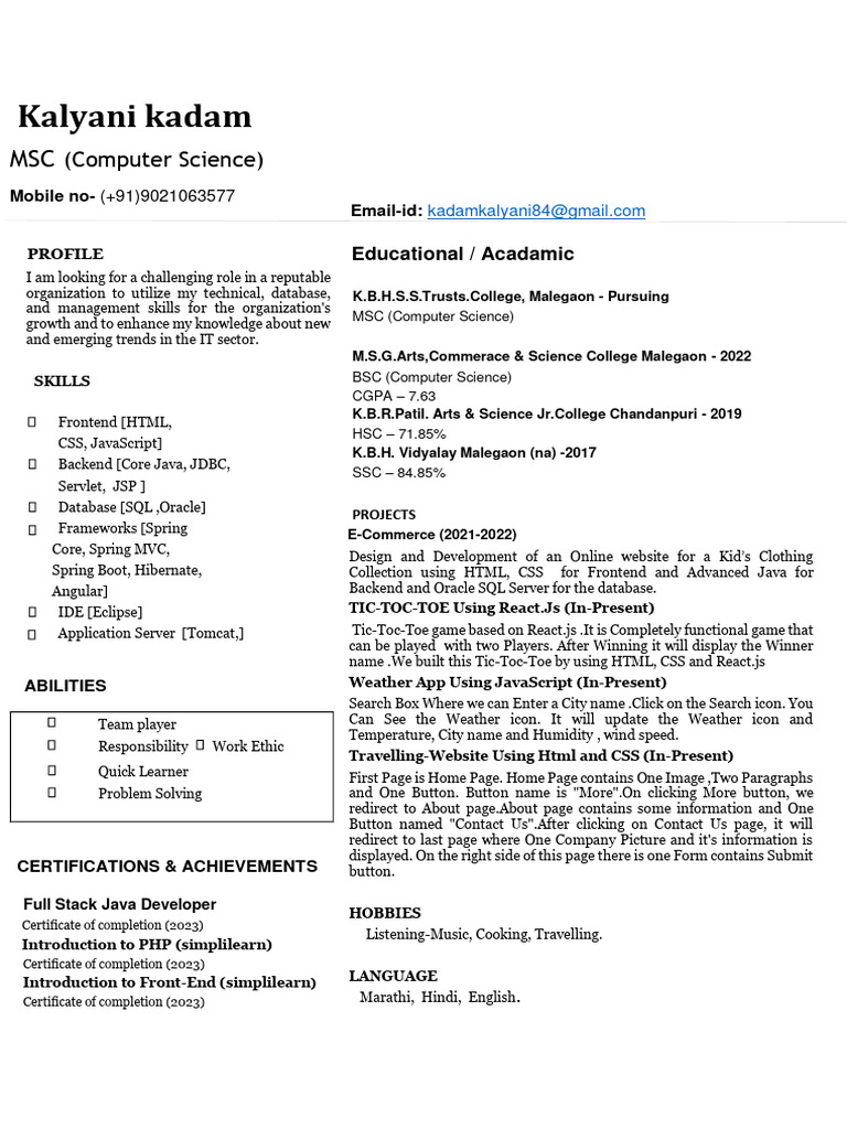 Kalyani Kadam Resume 2K24 PDF | PDF | Java (Programming Language) | Computing