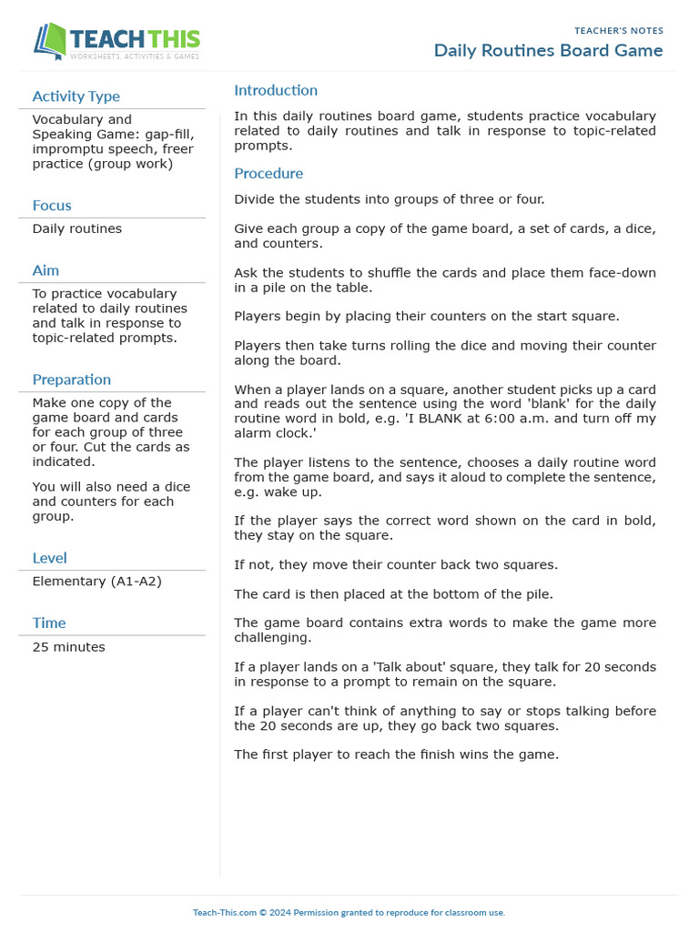 Daily Routines Board Game | PDF