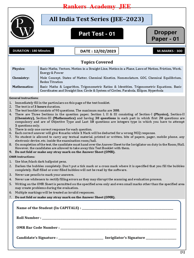 AITS 01 - Test Paper | PDF | Force | Chemical Equilibrium