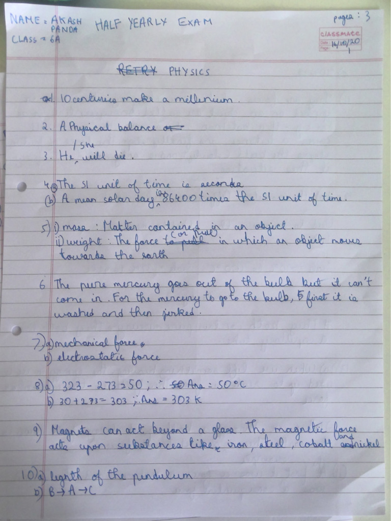 Half Yearly Exam Physics Akash Panda | PDF