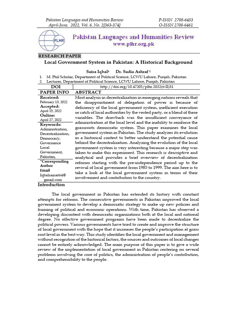 Local Government System in Pakistan A Historical Background | PDF ...