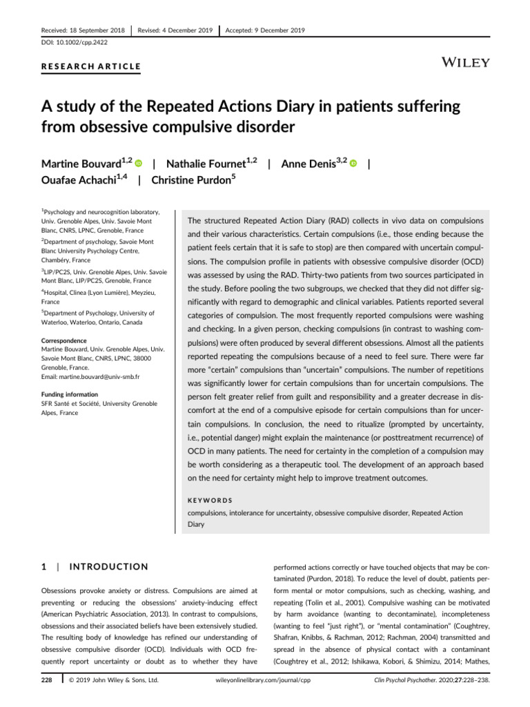 A Study of The Repeated Actions Diary in Patients Suffering | PDF ...