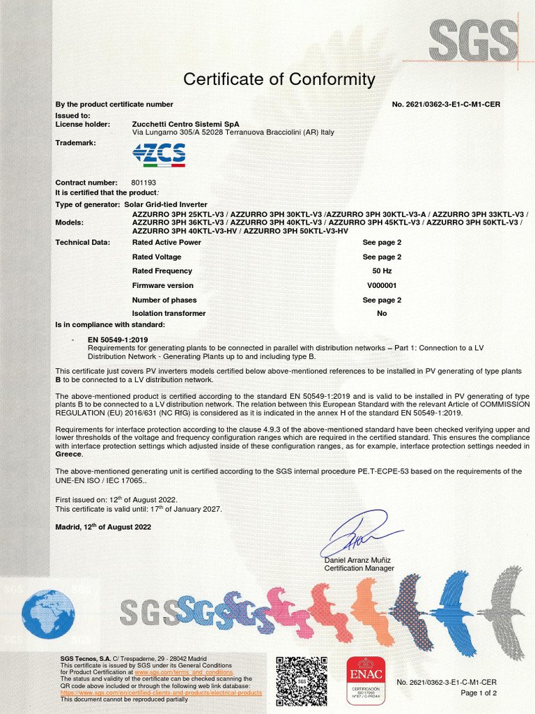 Attestation of Conformity With EN50549 25 50KTL V3 | PDF | Electric ...