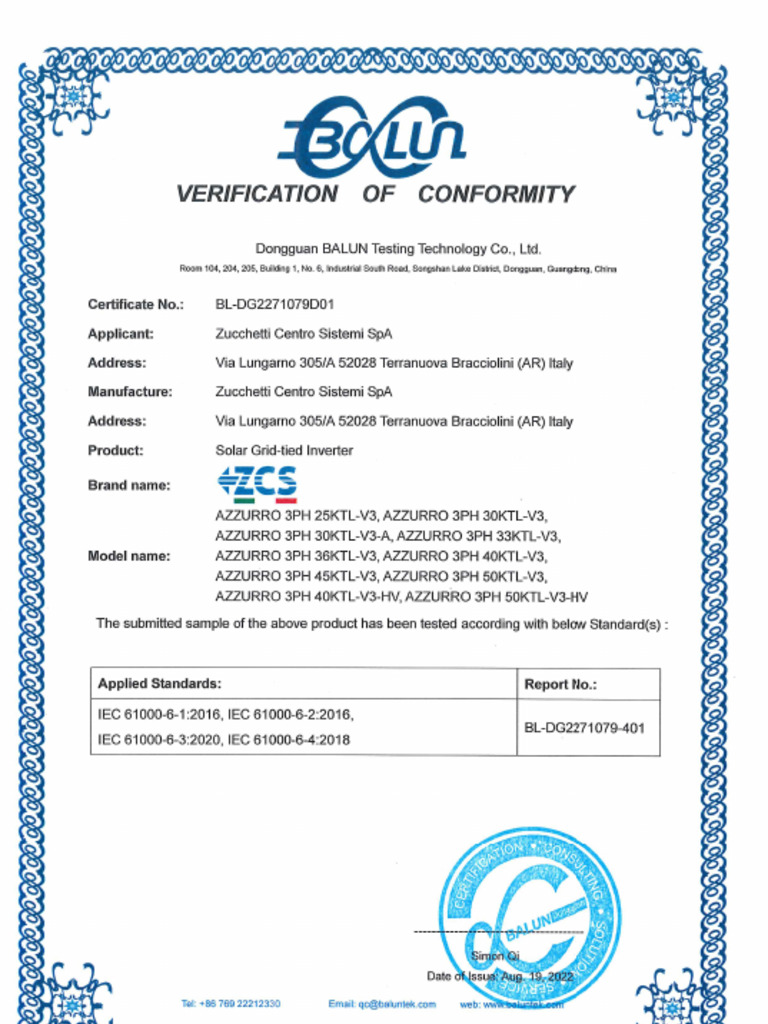 Attestation of Conformity With EMC EN61000 25 50KTL V3 | PDF