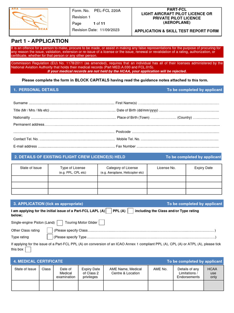 Part-FCL Pilot License Application Form | PDF | Aeronautics | Aviation