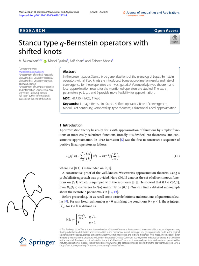 Stancu Type Q-Bernstein Operators With Shifted Knots | PDF | Limit (Mathematics) | Function ...