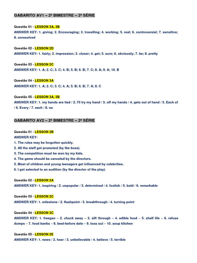GABARITOS AV1 E AV2 DO 2º BIM. (2ª SÉRIE) | PDF