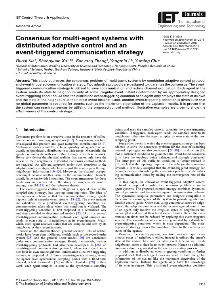 Multi-Agent System Consensus | PDF | Matrix (Mathematics) | Computer Network