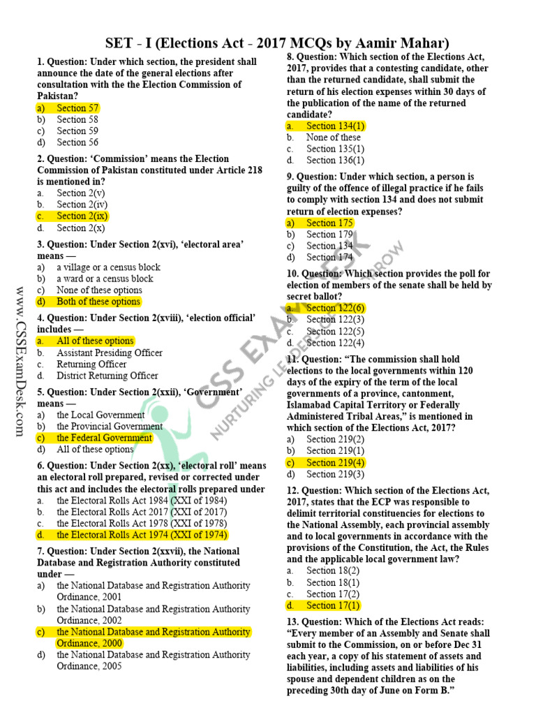 Elections Act - 2017 MCQs | PDF | Parliament Of Pakistan | Elections
