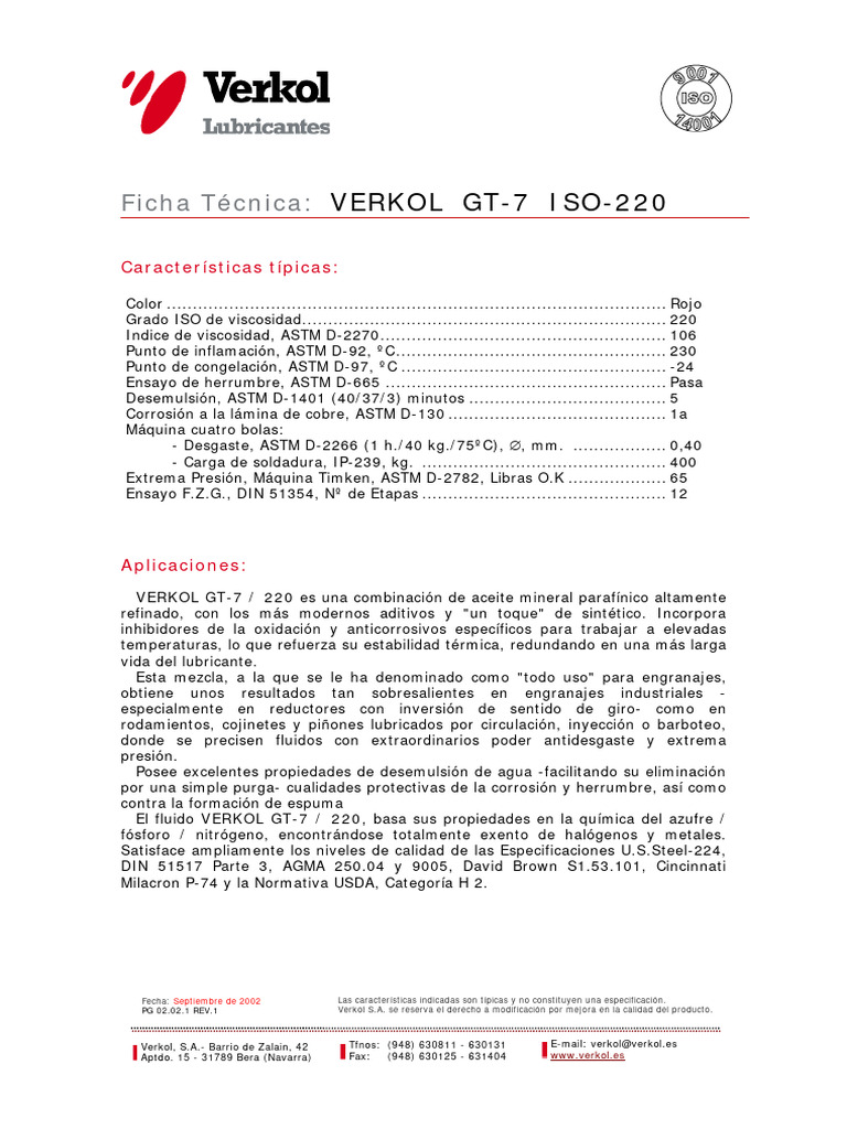 Ficha Tecnica Verkol GT-7 ISO 220 214427ftesp | PDF | Engranaje ...