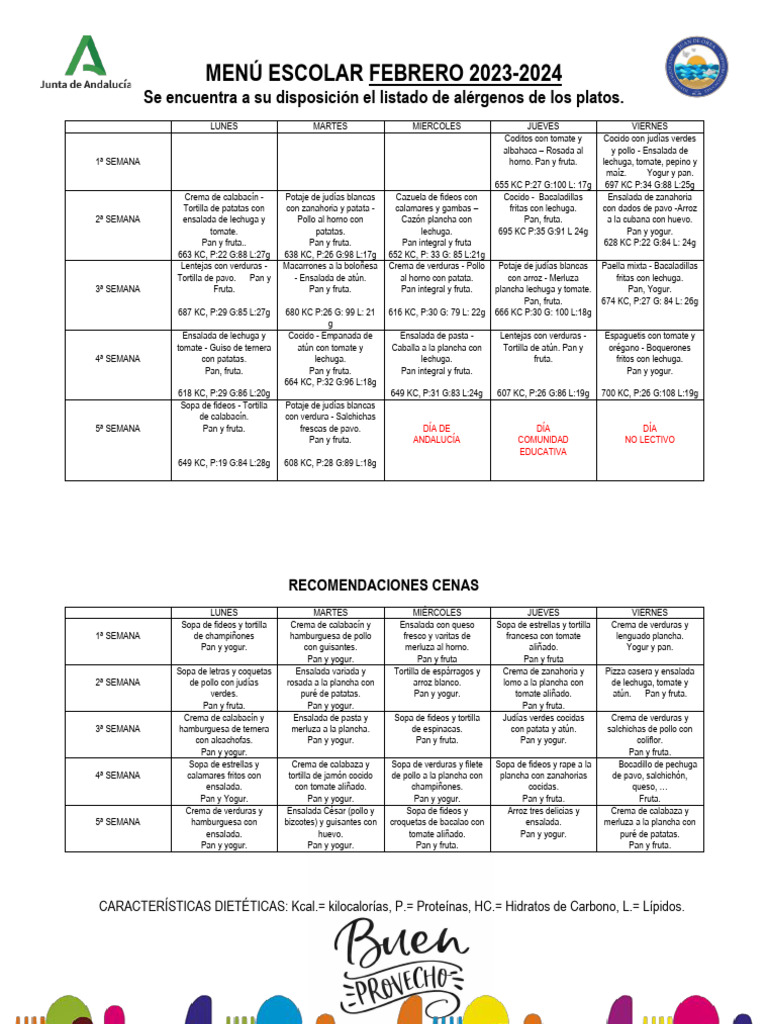 Men Escolar Febrero 2024 1 | PDF | ensalada | Sopa