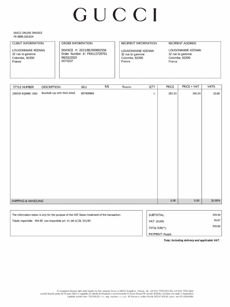 Spoiler - Invoice - Gucci Cap 23475064 | PDF