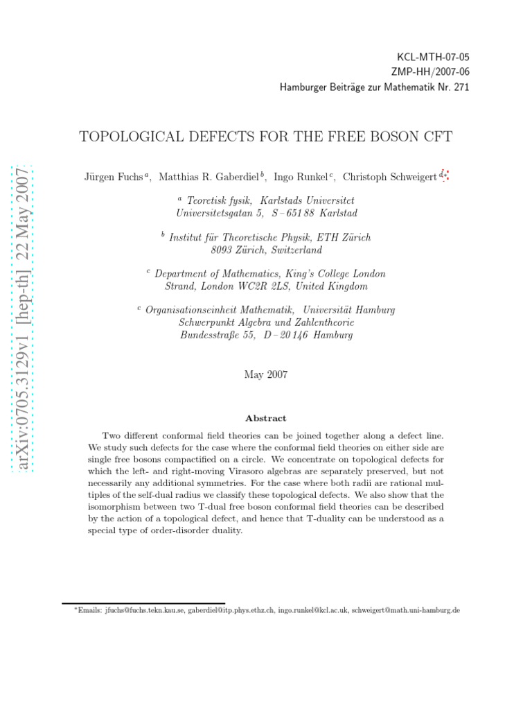 Jurgen Fuchs, Matthias R. Gaberdiel, Ingo Runkel and Christoph Schweigert - Topological Defects ...