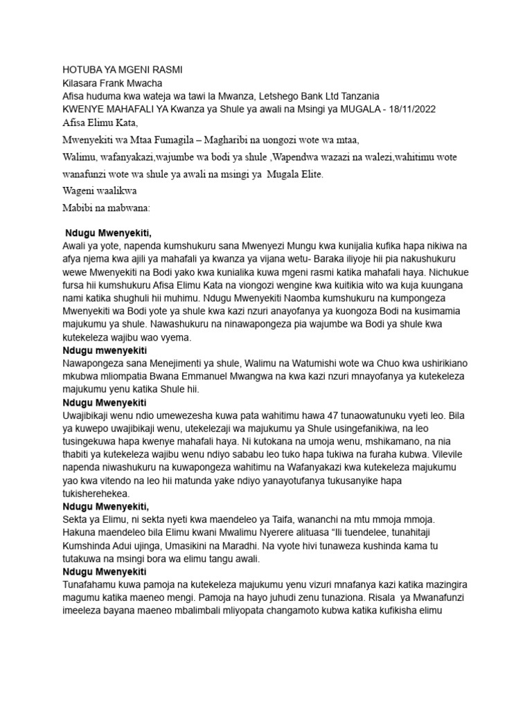 Hotuba Ya Mgeni Rasmi | PDF