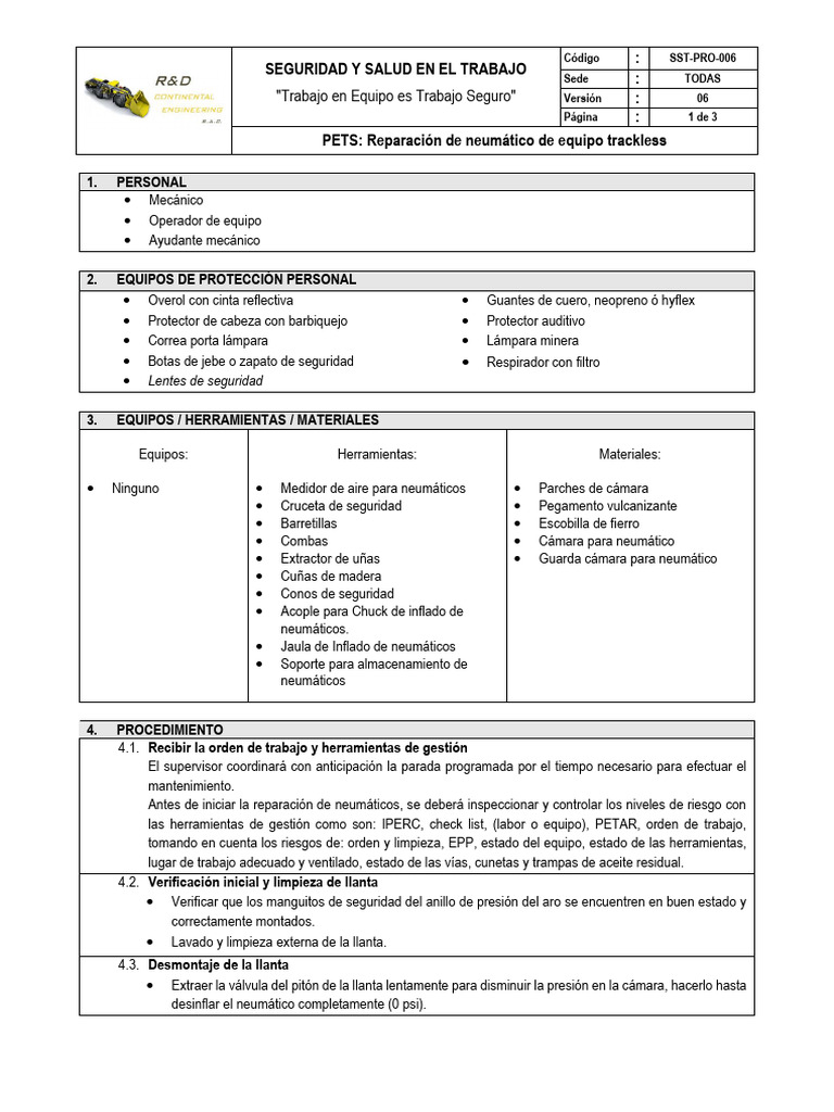 SST-PRO-006 PETS Reparación de Neumático de Equipos Trackless | PDF ...