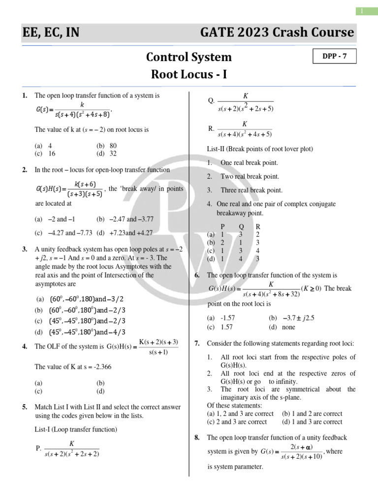 Root Locus (Part - 1) - DPP-07 | PDF | Mechanics | Applied Mathematics