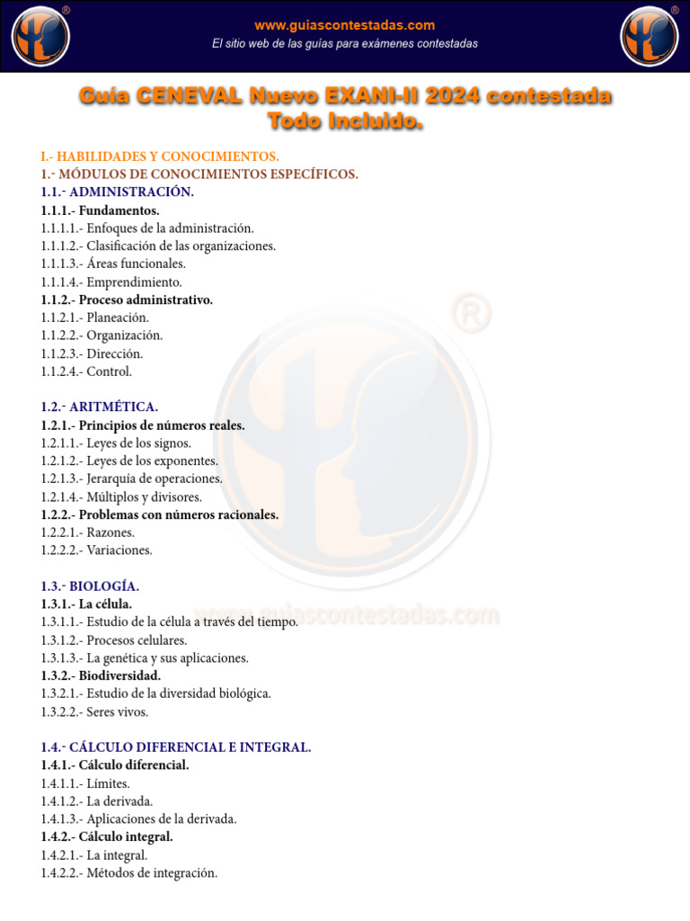 Guía CENEVAL EXANI-II 2024 Contestada | PDF | Integral | Biología