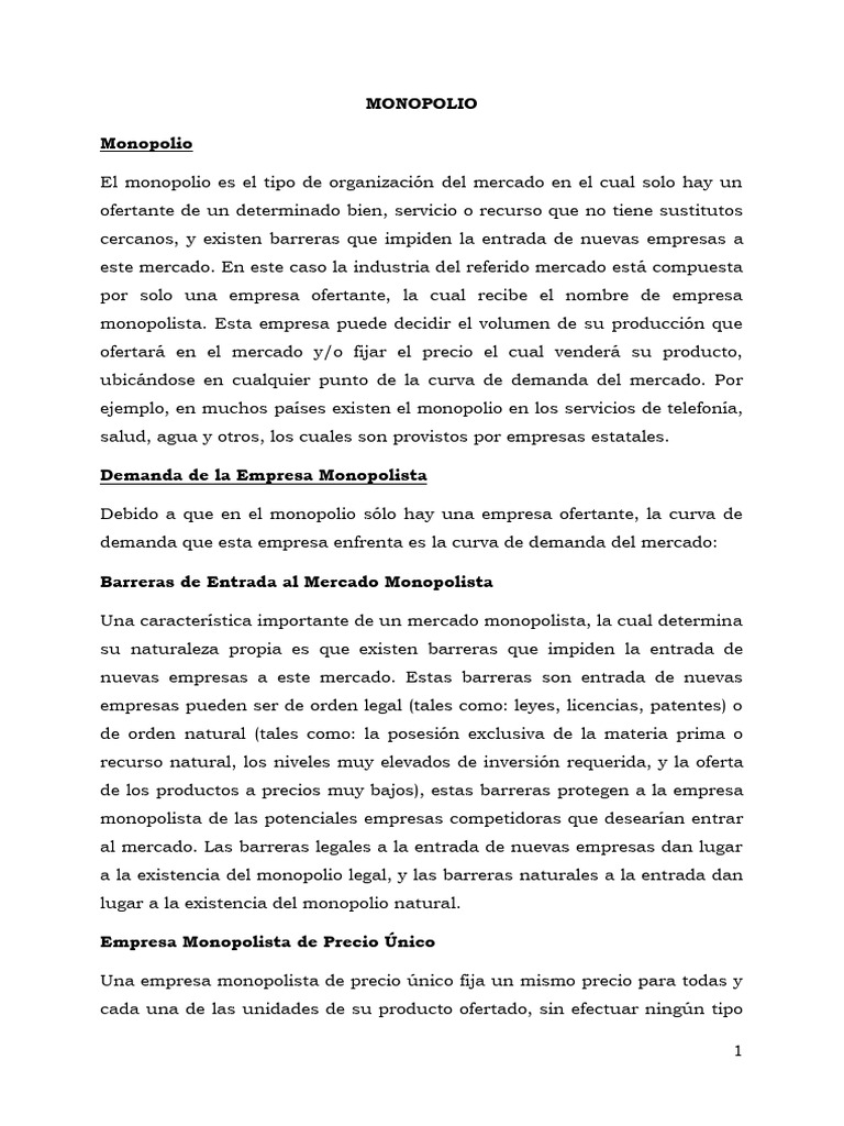 MONOPOLIO | Descargar gratis PDF | Monopolio | Mercado (economía)