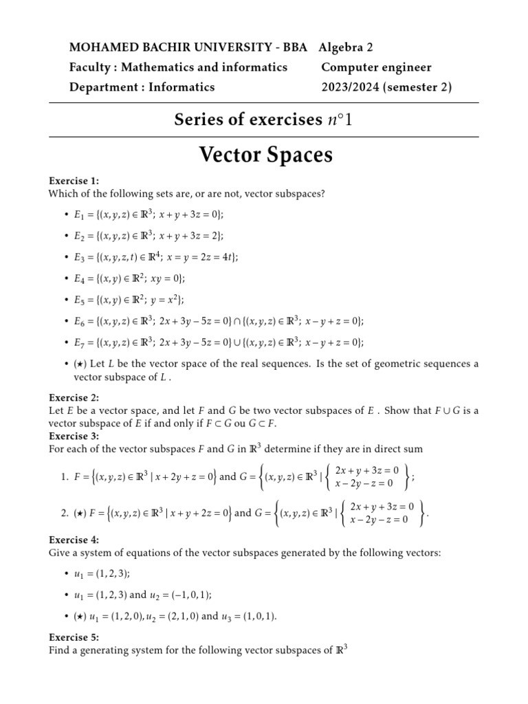 Serie 1 Algebra2 - Copie | PDF | Vector Space | Linear Subspace