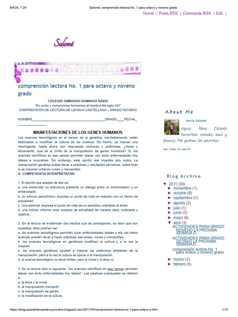 Salomé_ comprensión lectora No. 1 para octavo y noveno grado | PDF ... Salomé_ comprensión lectora No. 1 para octavo y noveno grado | PDF ...