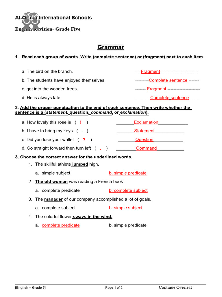 Answer - Grammar Model Exam Grade 5 | PDF | Language Mechanics | Syntax