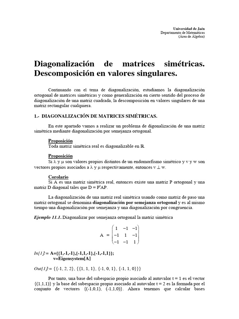 Diagonalizacion - Ortogonal y Descomposicion - Valores - Singulares | PDF | Valores propios y ...