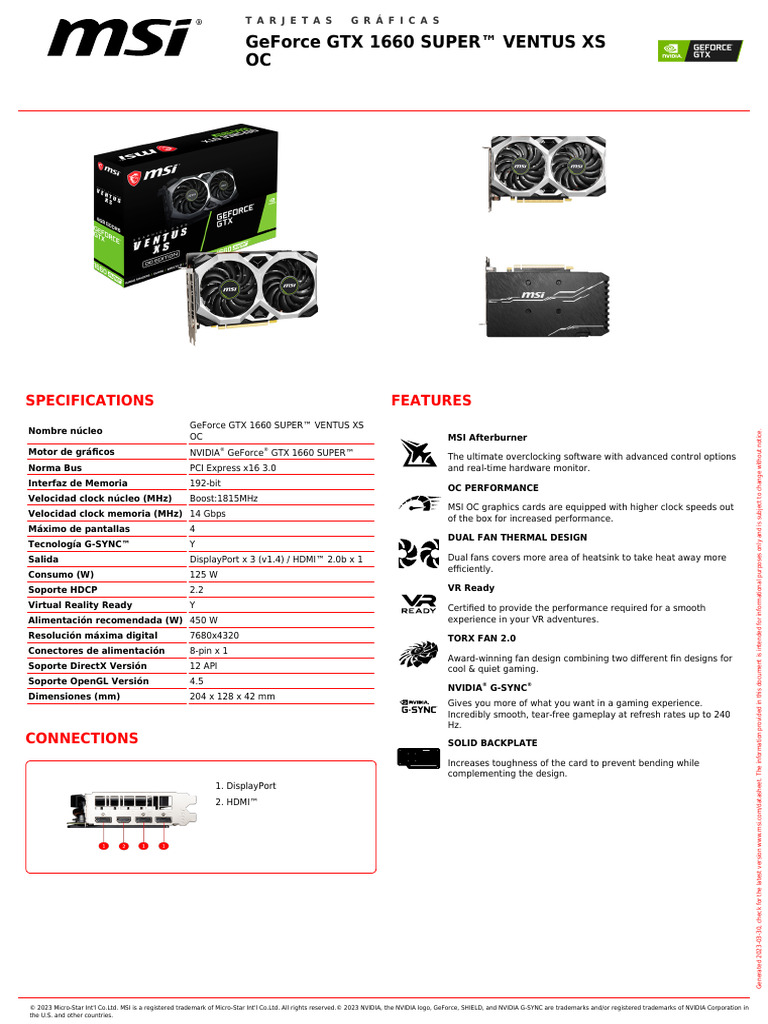 GeForce GTX 1660 SUPER VENTUS XS OC | PDF | Hdmi | Ibm Pc Compatibles