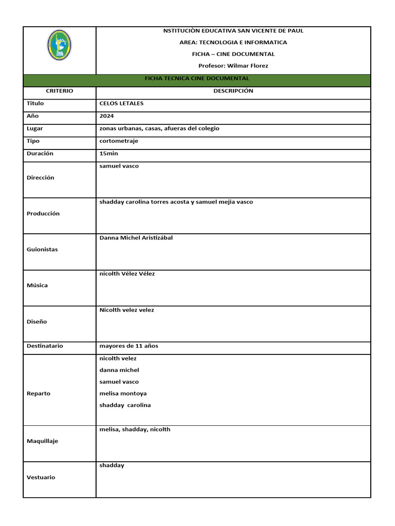 Ficha Tecnica Proyecto Documental | PDF