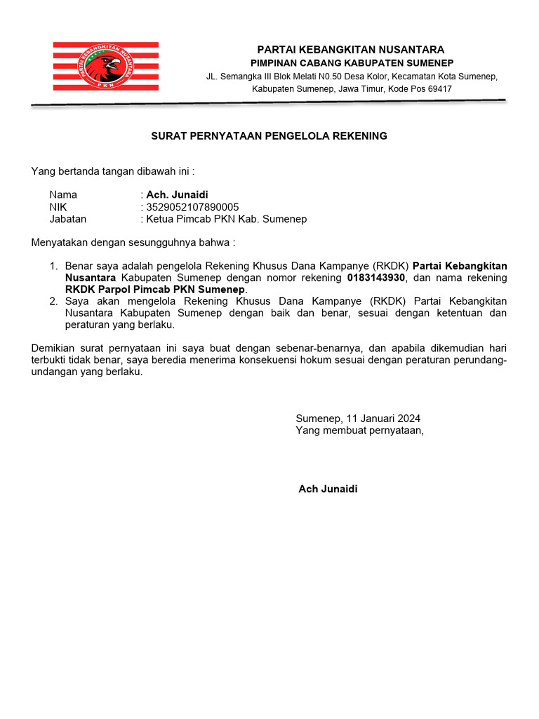 Surat Pernyataan Pengelola RKDK | PDF