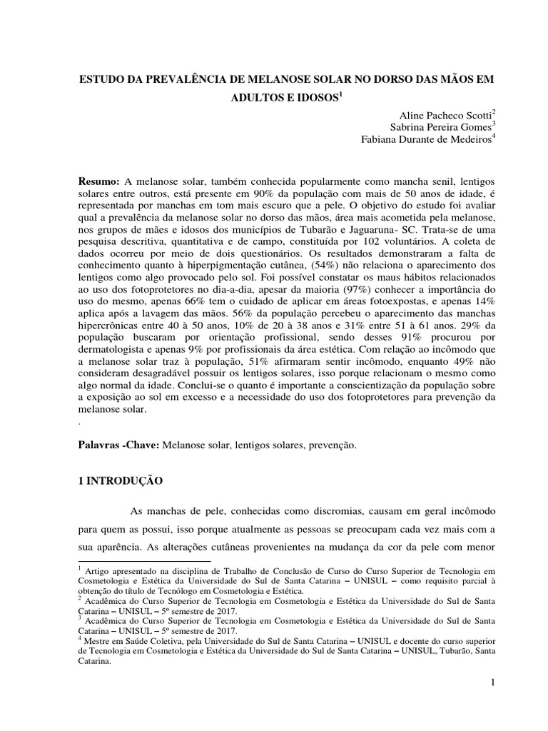 Prevalência de Melanose Solar em Mãos | PDF | Protetor solar | Epiderme
