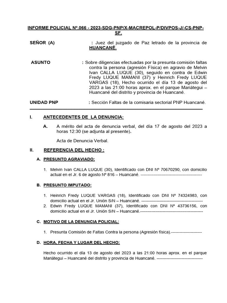 Informe Policial sobre Agresión en Huancané | PDF