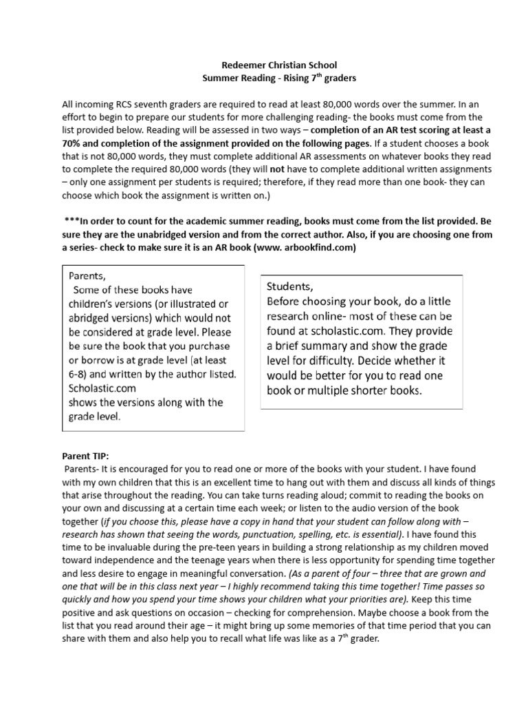 7th Grade Summer Reading | PDF | Books | Paragraph