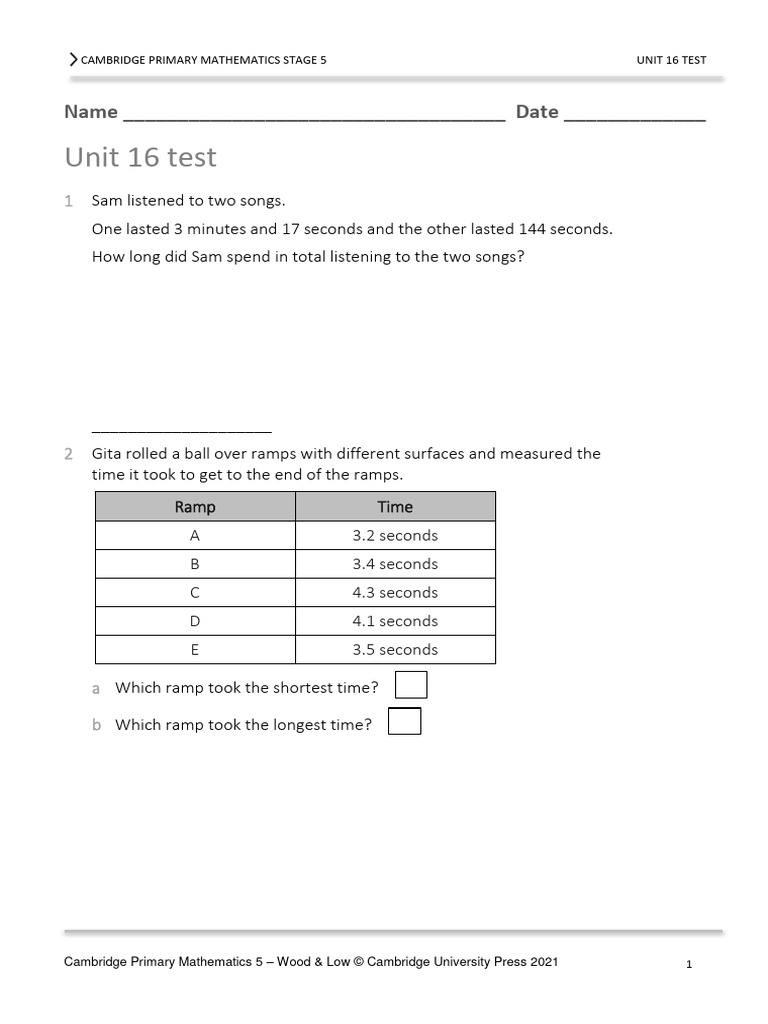 Prim Maths 5 2ed TR Unit 16 Test | PDF