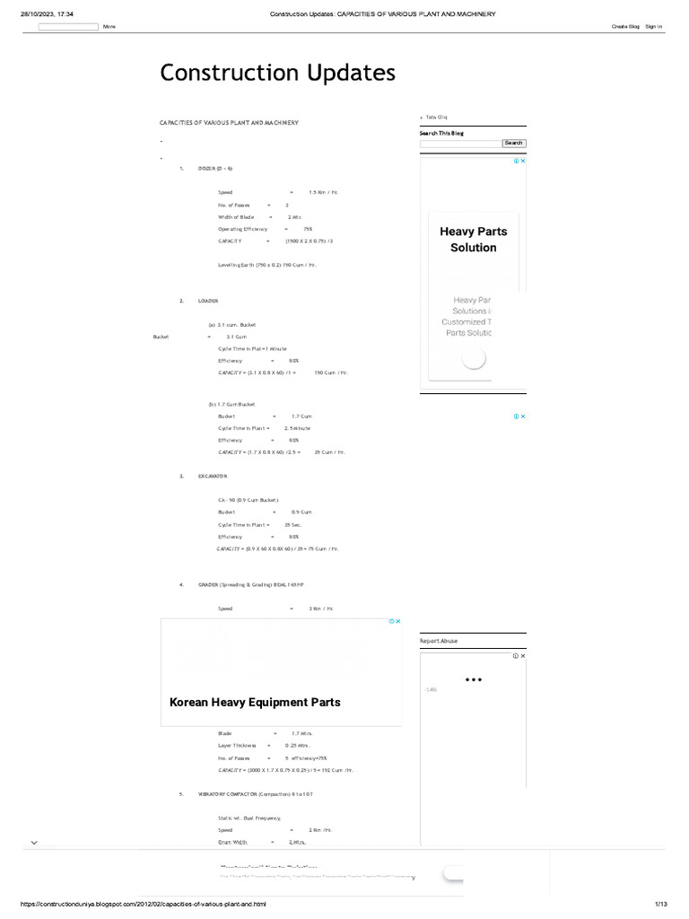 Construction Updates - CAPACITIES OF VARIOUS PLANT AND MACHINERY | PDF