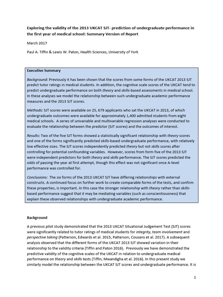 Exploring The Validity of The 2013 Ukcat SJT Prediction of Ug ...