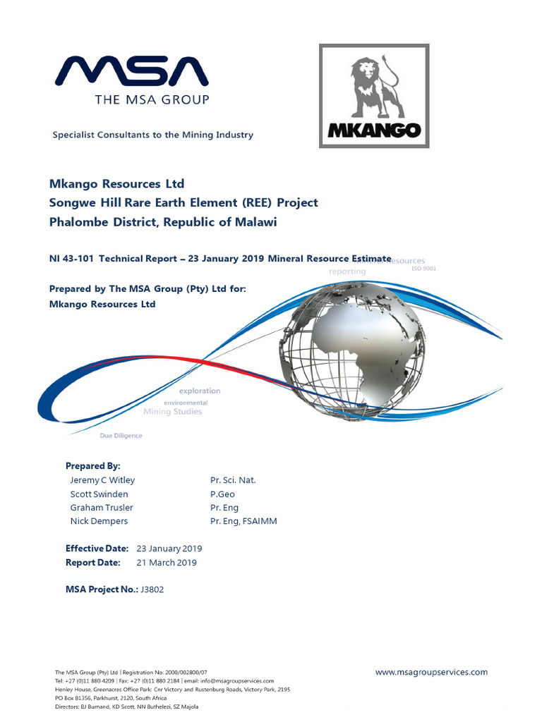 2019 Mkango Resources Ni 43 101 Technical Report | PDF | Earth Sciences