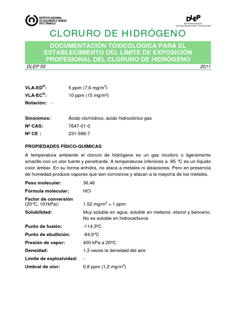 DLEP 55 Cloruro de Hidrógeno | Descargar gratis PDF | Ácido clorhídrico | Química