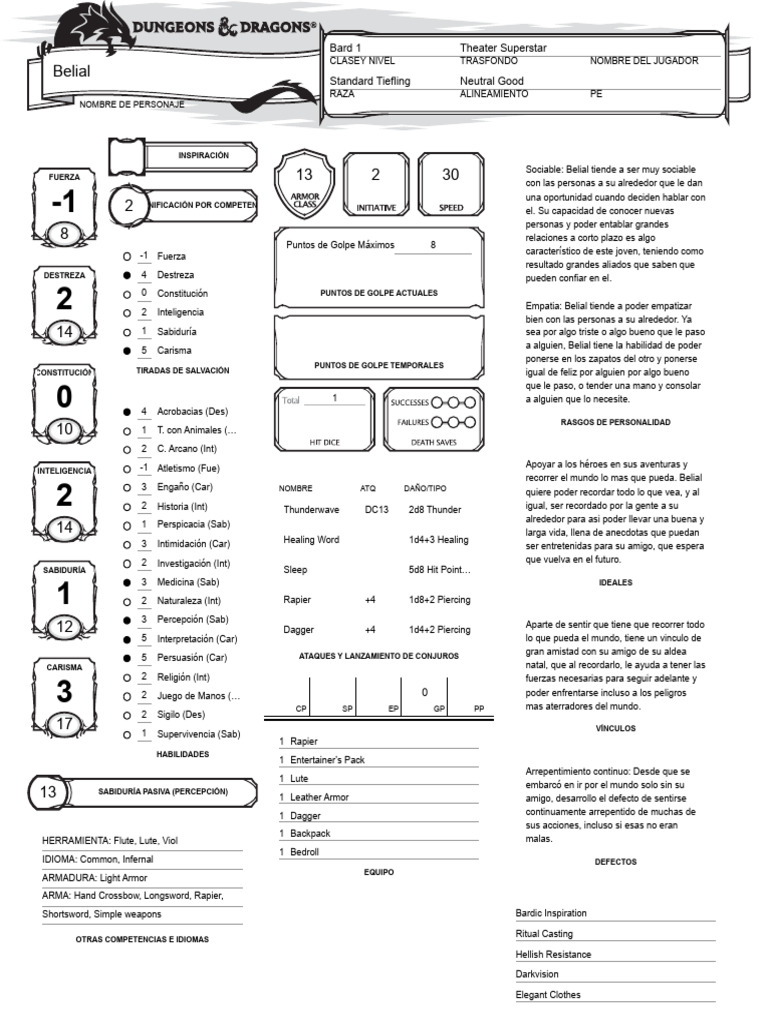 Belial - Roll20 Characters | PDF